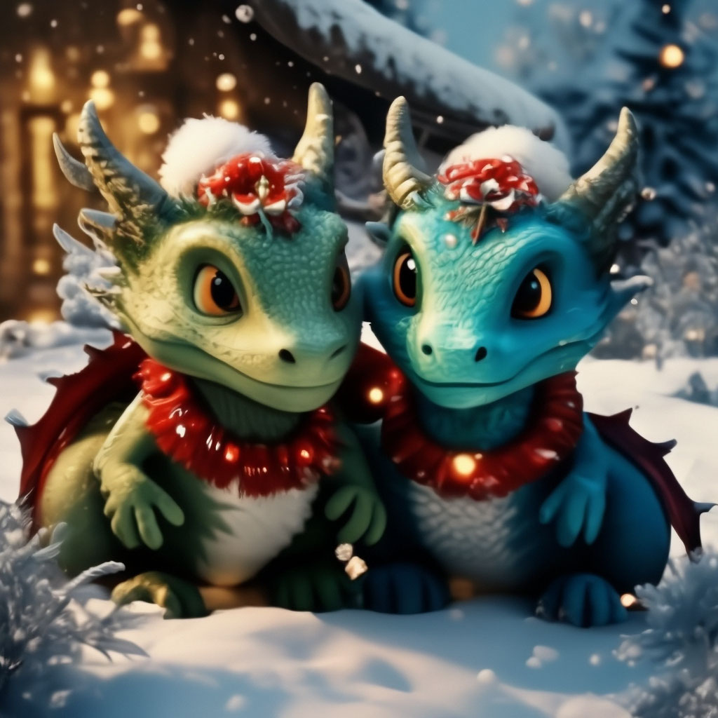 "Сказочная зима,Two cute little dragons lying contentedly in the snow ...