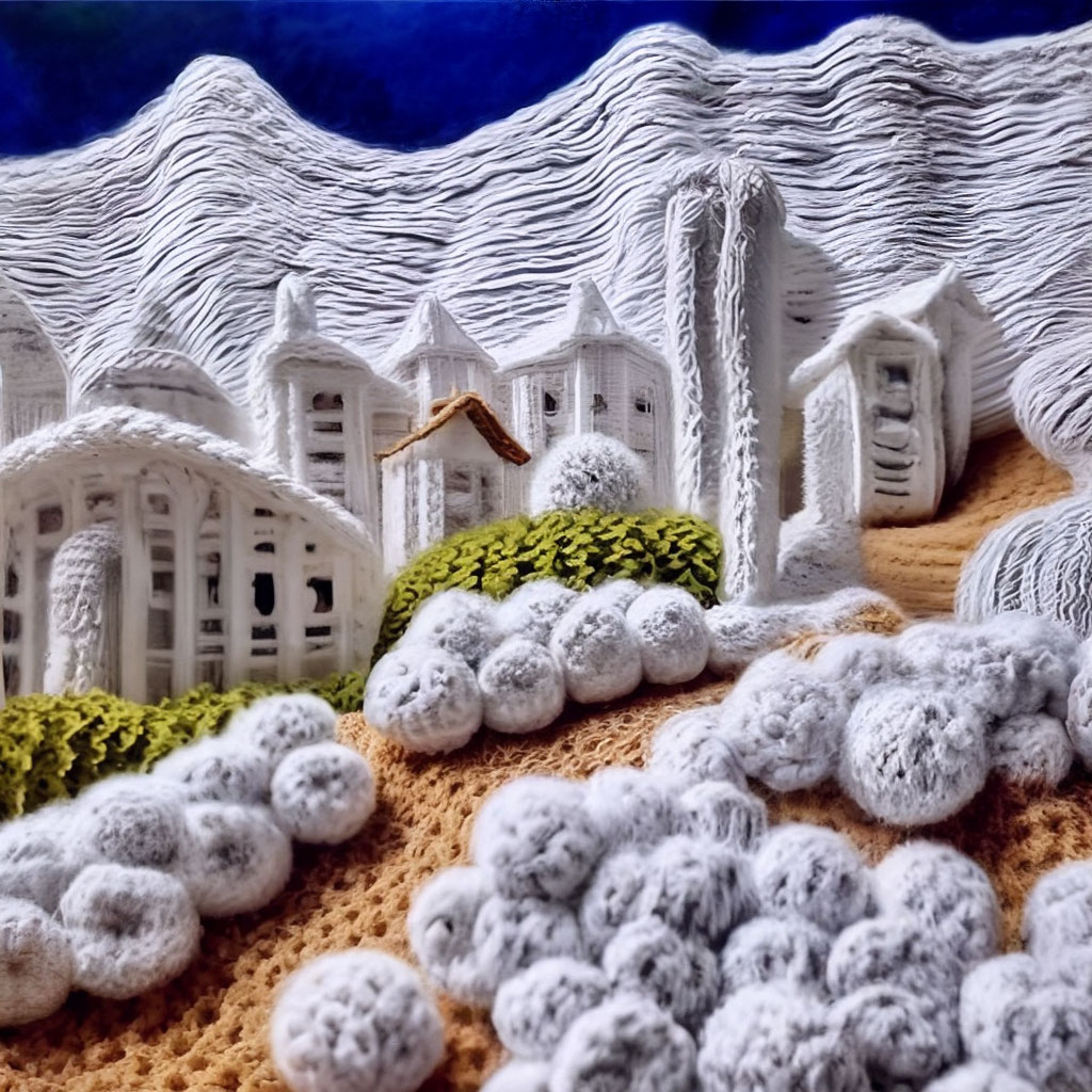 "Fabulous crocheted mountain landscape, knitted houses. a white cotton ...