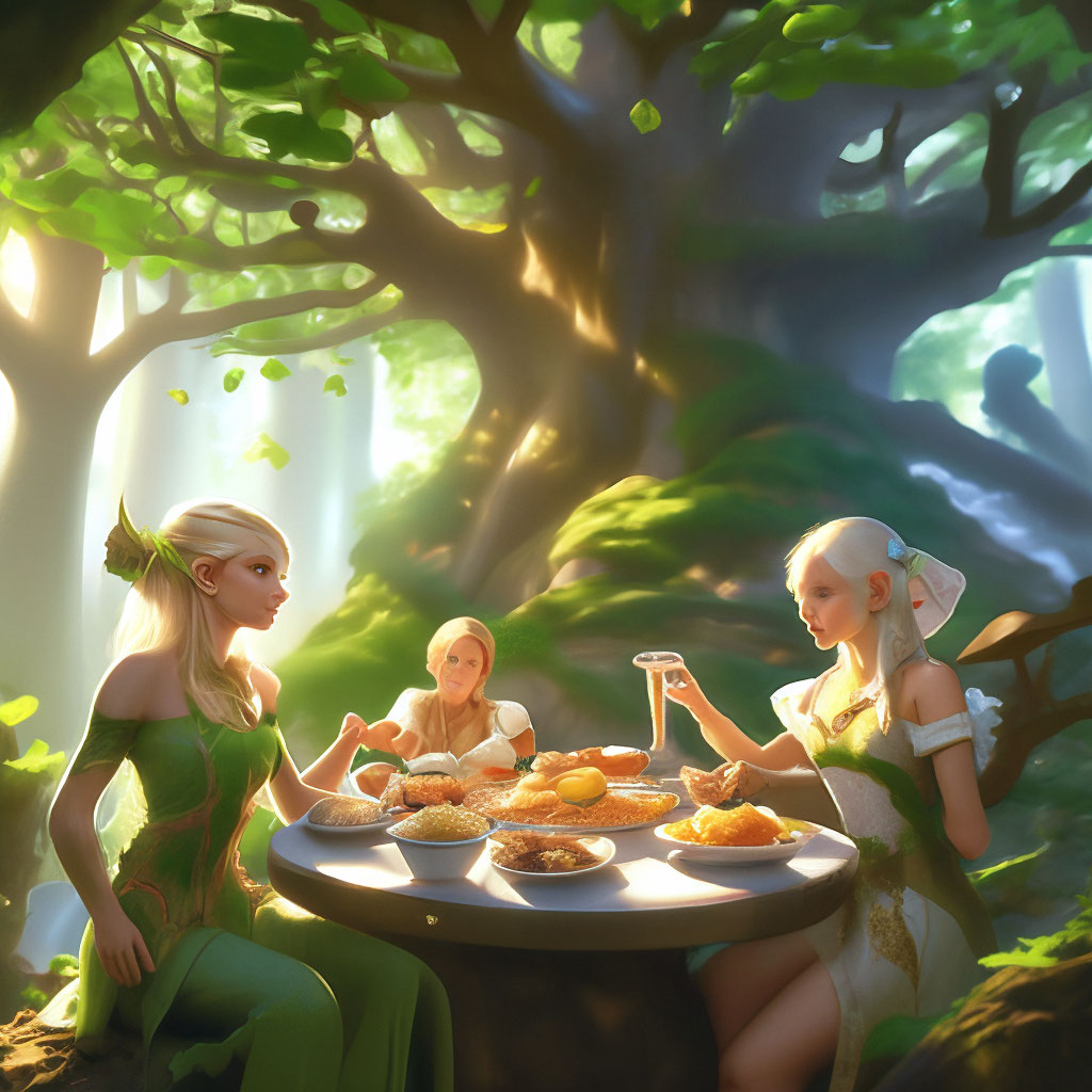 "Elves have breakfast at the tree of life." — image created in Shedevrum