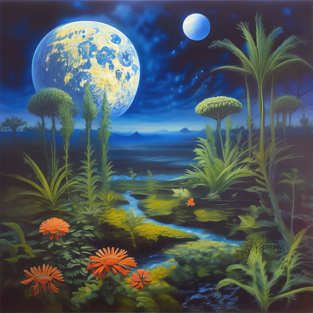 "Realism,oil on canvas,cosmic landscape,night,two moons,thickets of ...