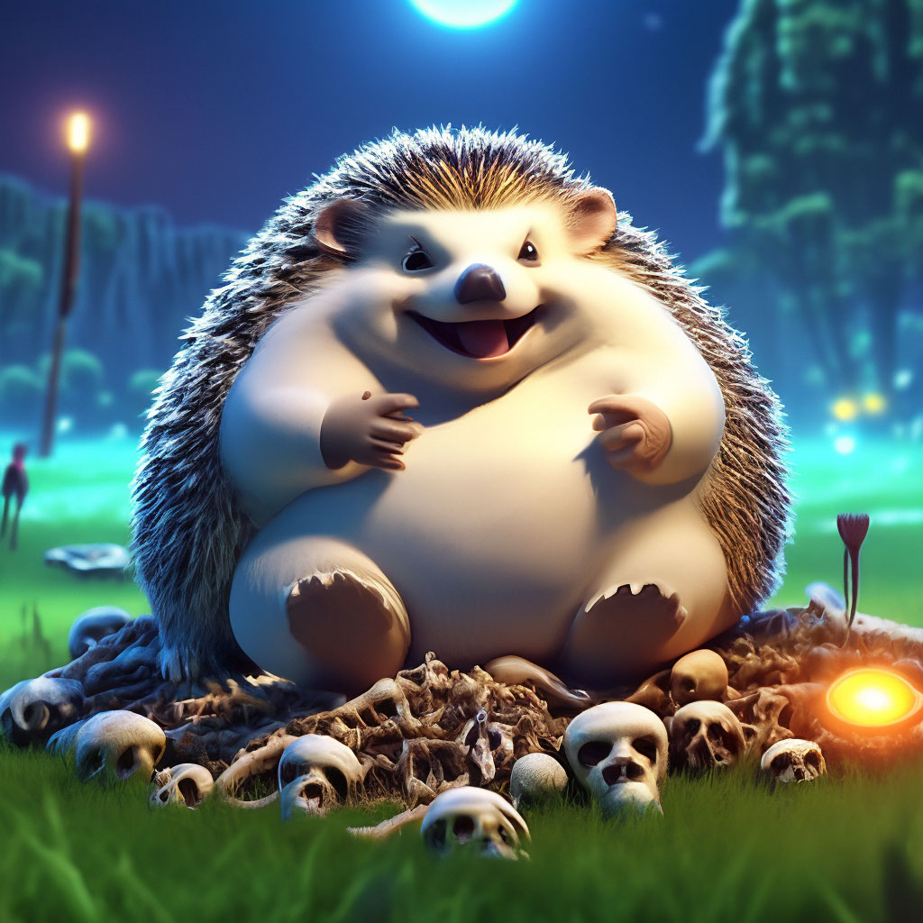 "A very fat hedgehog with a malicious grin is sitting on the grass with ...