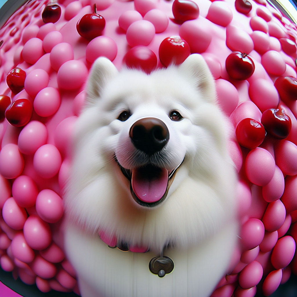 "Samoyed on a pink background and next to cherry emoticons, pink collar ...
