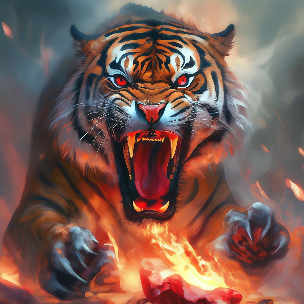 "A large tiger with spikes on its back with long claws and fangs with ...