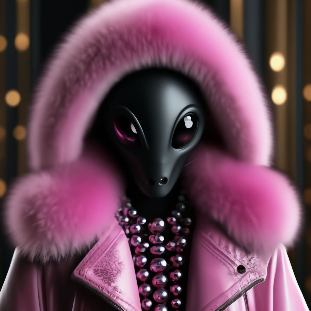 "Black matte alien in a pink fur coat with crystal beads in 3D 5d three ...