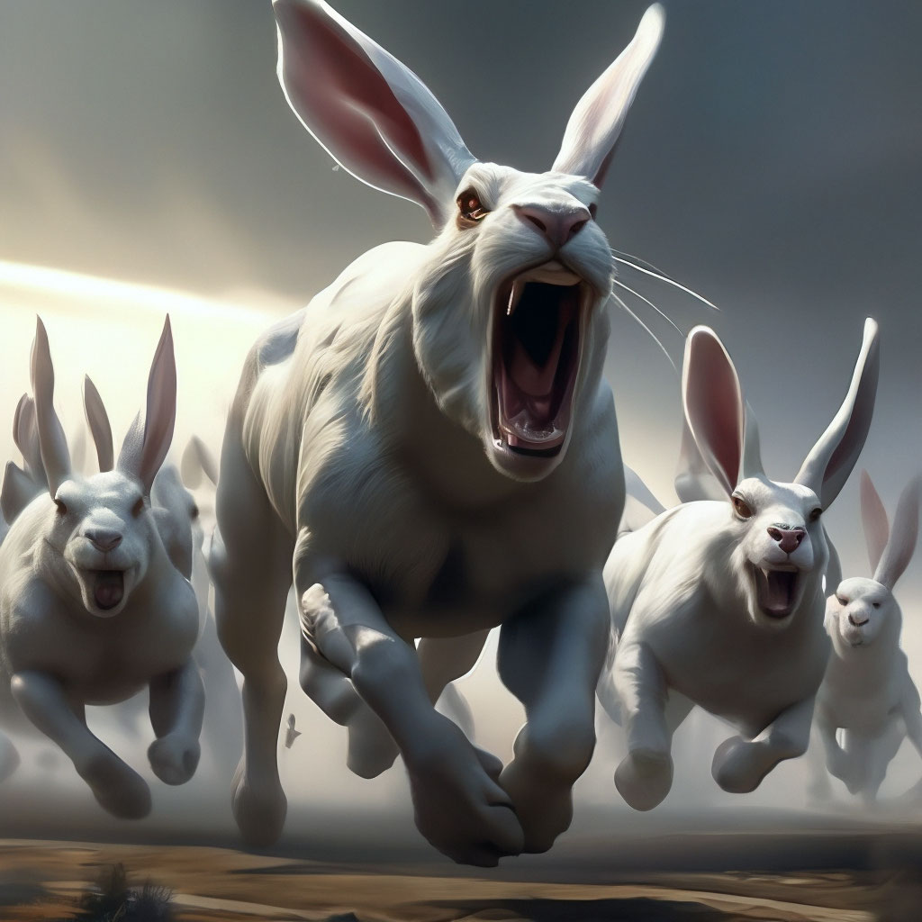 "Muscular huge rabbits with fangs on horses, realistic, high detail ...