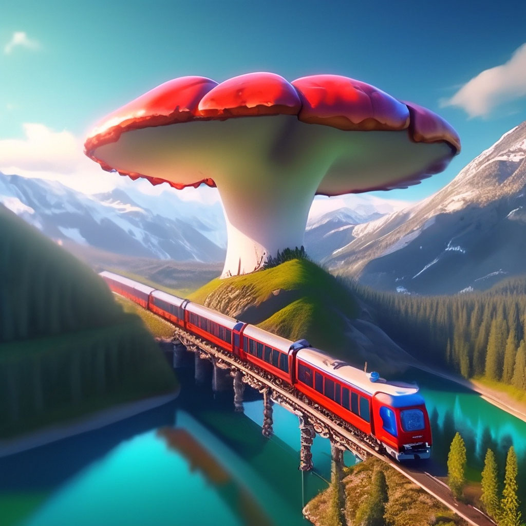"Train on a high bridge over the lake on one side of the mountain, and ...