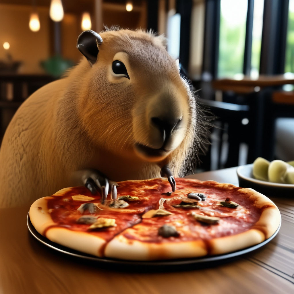 "Capybara eats pizza" — image created in Shedevrum