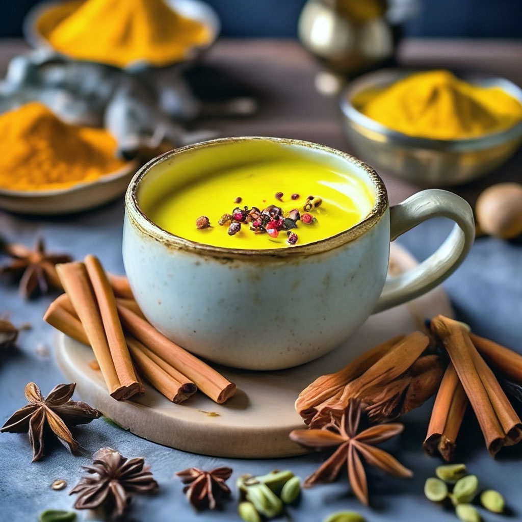 "Golden milk, milk with turmeric, pepper, cinnamon and cardamom ...