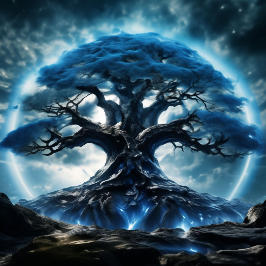 "World tree from Scandinavian mythology with crystal blue leaves view ...