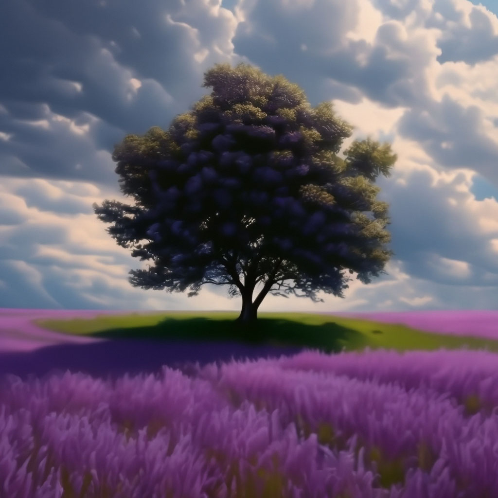 "Dreamcore field, lonely tree, lilac flowers, minimalism-realism ...