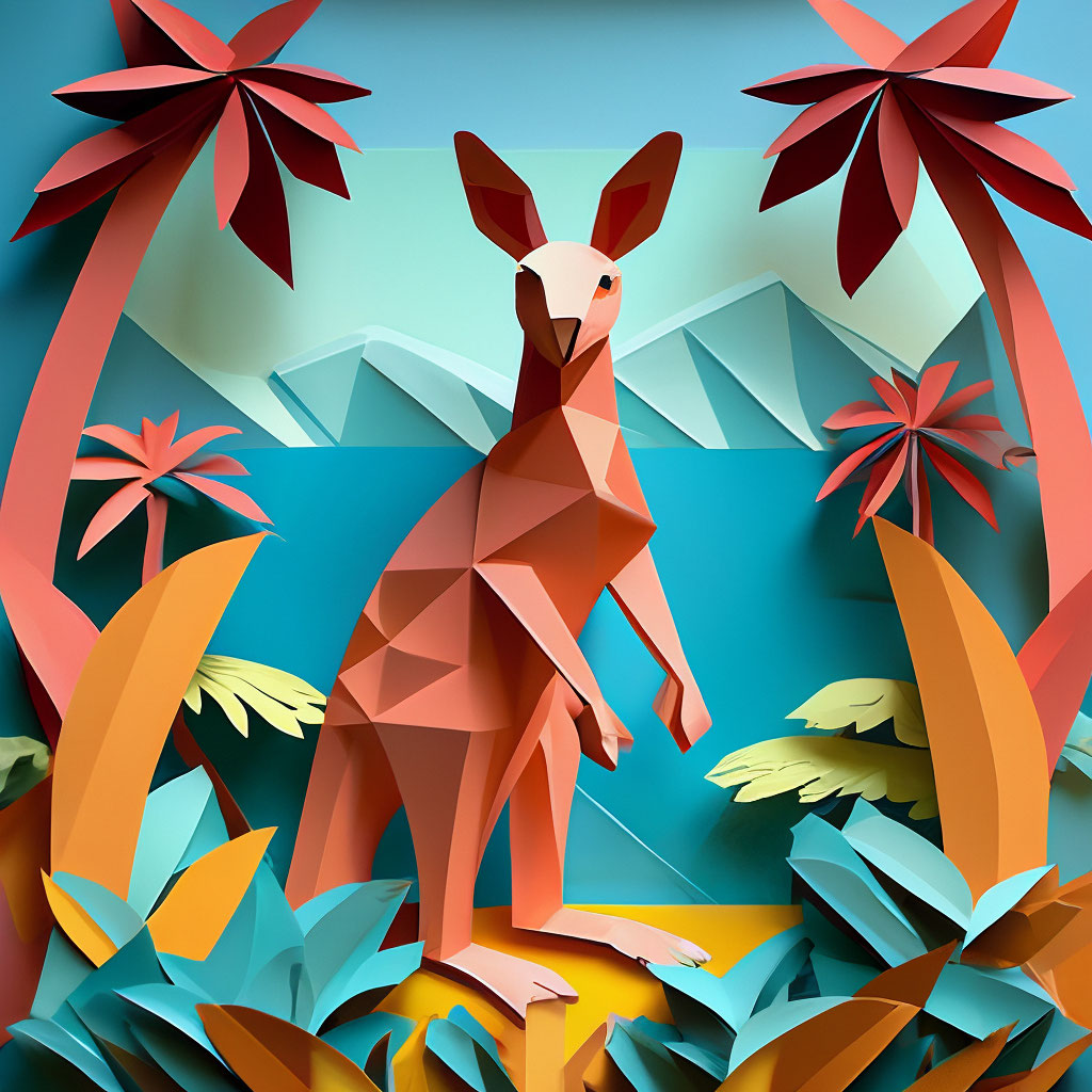 "Kangaroo among palm trees, paper applique" — image created in Shedevrum