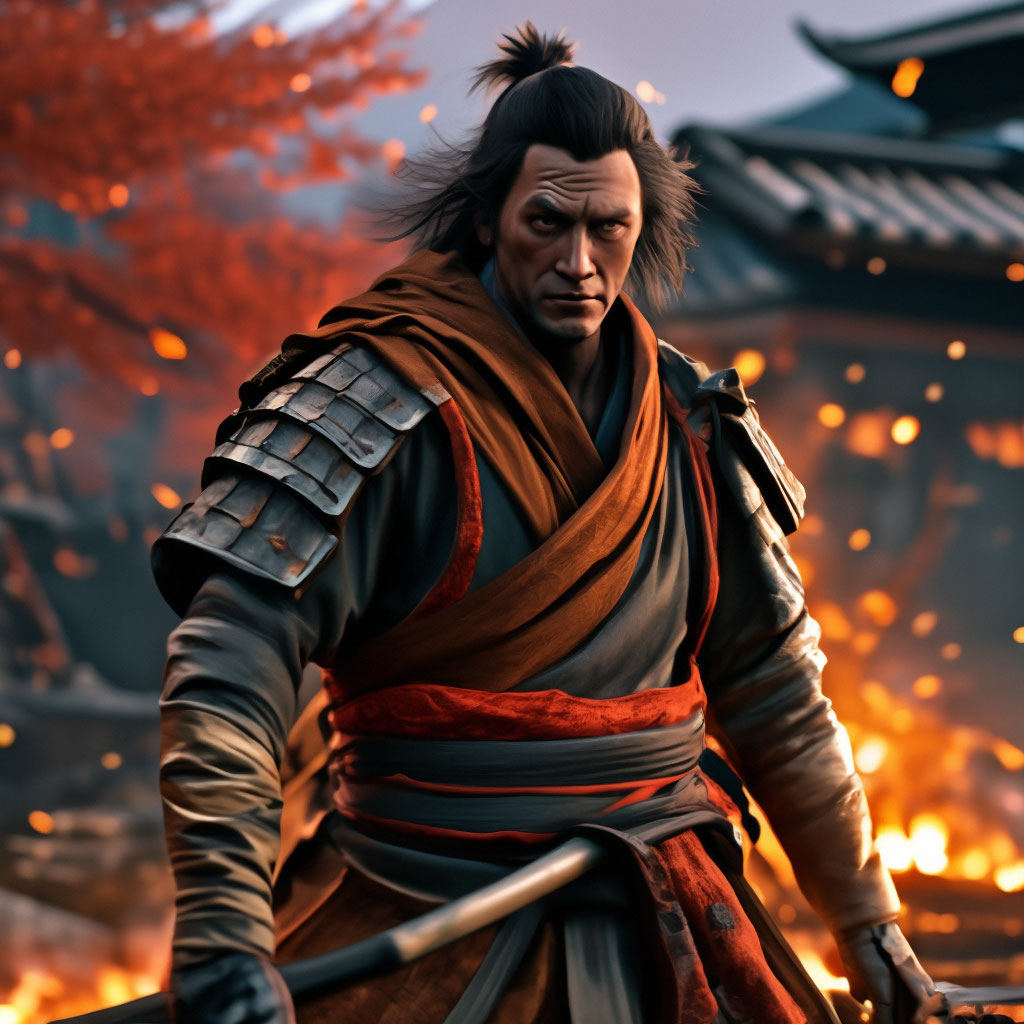 "Sekiro, a samurai on fire, wearing a bright brown kimono" — image ...