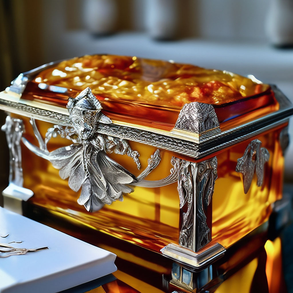 "An elegant amber casket framed in silver, engraved on the paint- a ...