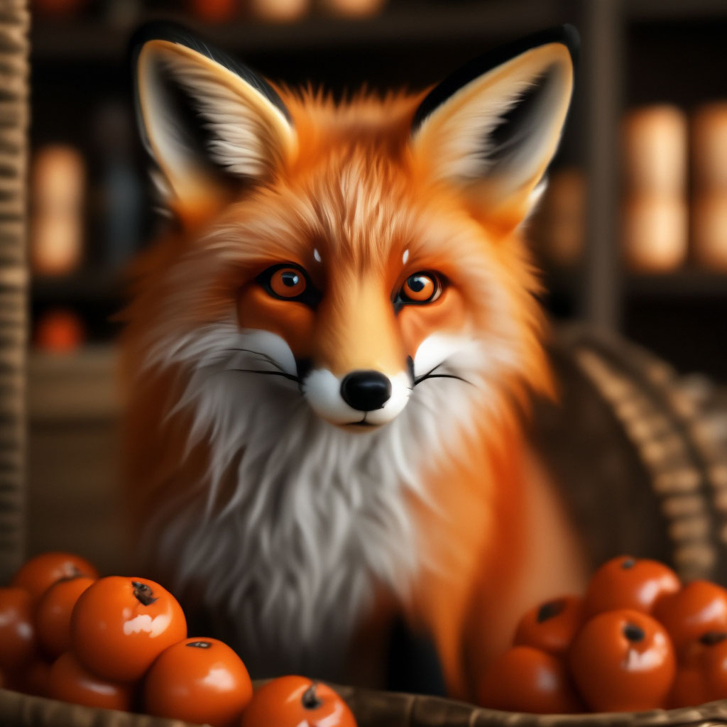 "Hyperrealism beautiful fox, hunting, basket, shop, meat on shelves ...