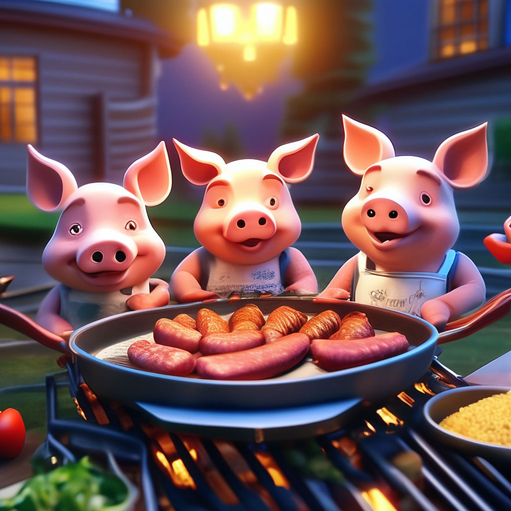 "Animated fairy tale three little pigs on the grill realistic" — image ...
