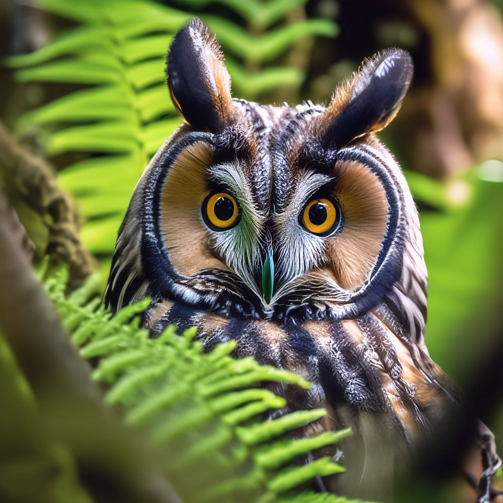 "Big-eared owl in a fern, aesthetically pleasing, beautiful, realistic ...
