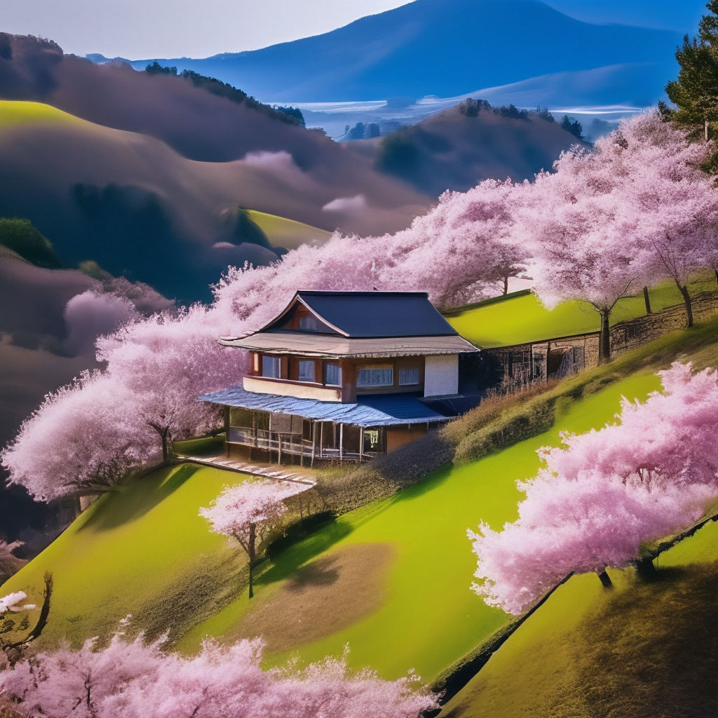"Blooming bright sakura near a small standard house in Japan on a small ...