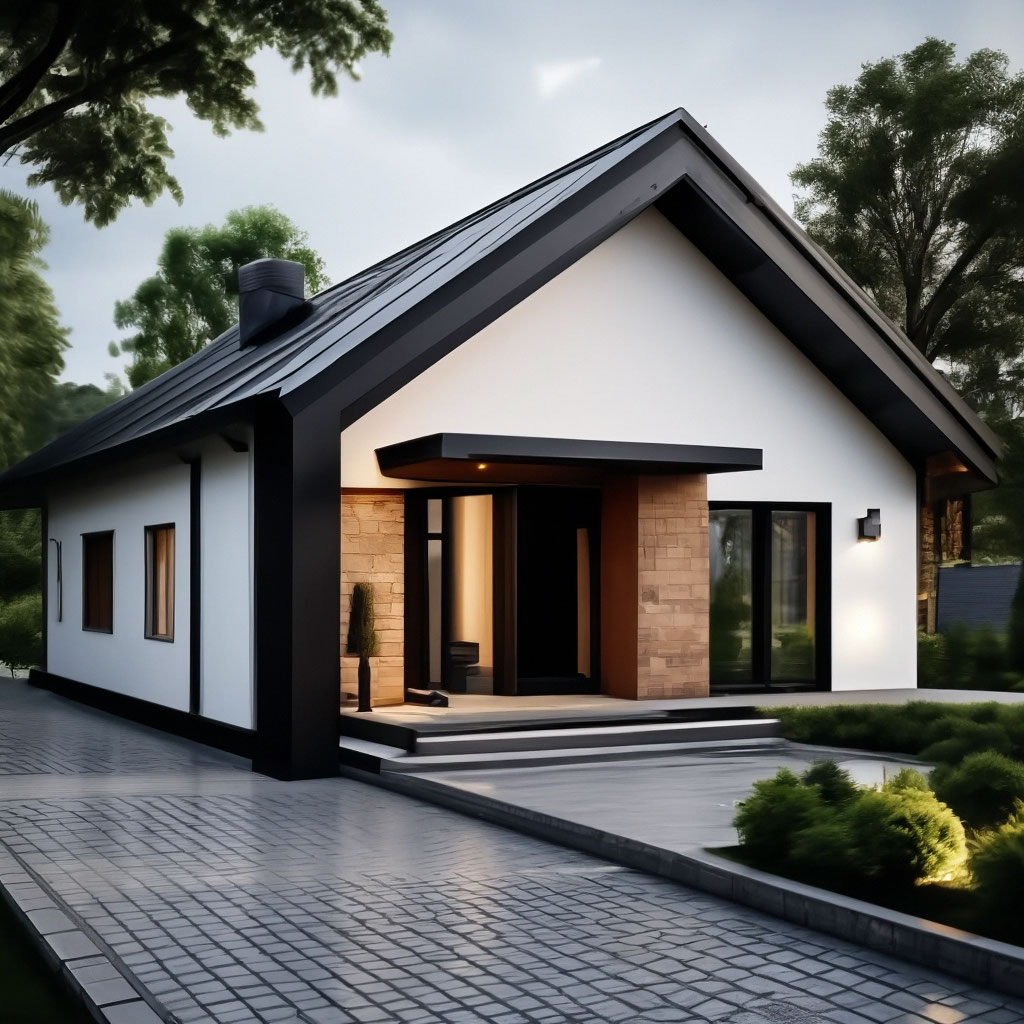 "One-storey house one hundred square meters, black hip roof, white ...