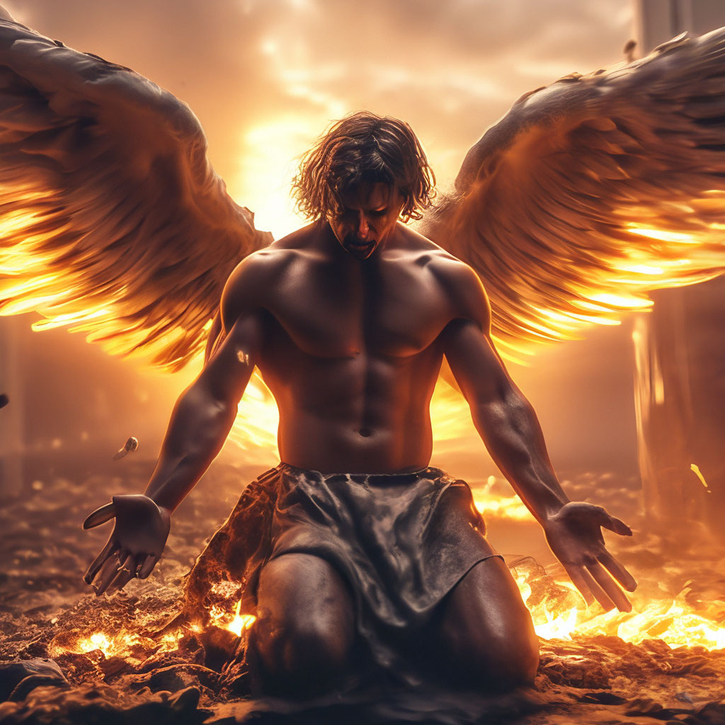 "Fallen angel, on his knees, dirty wings, burning wings, apocalypse ...