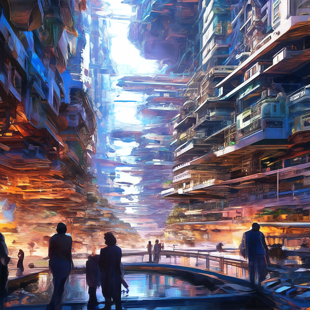 "Inside chaotic megastructure city, hyperdetailed, color sketch art ...