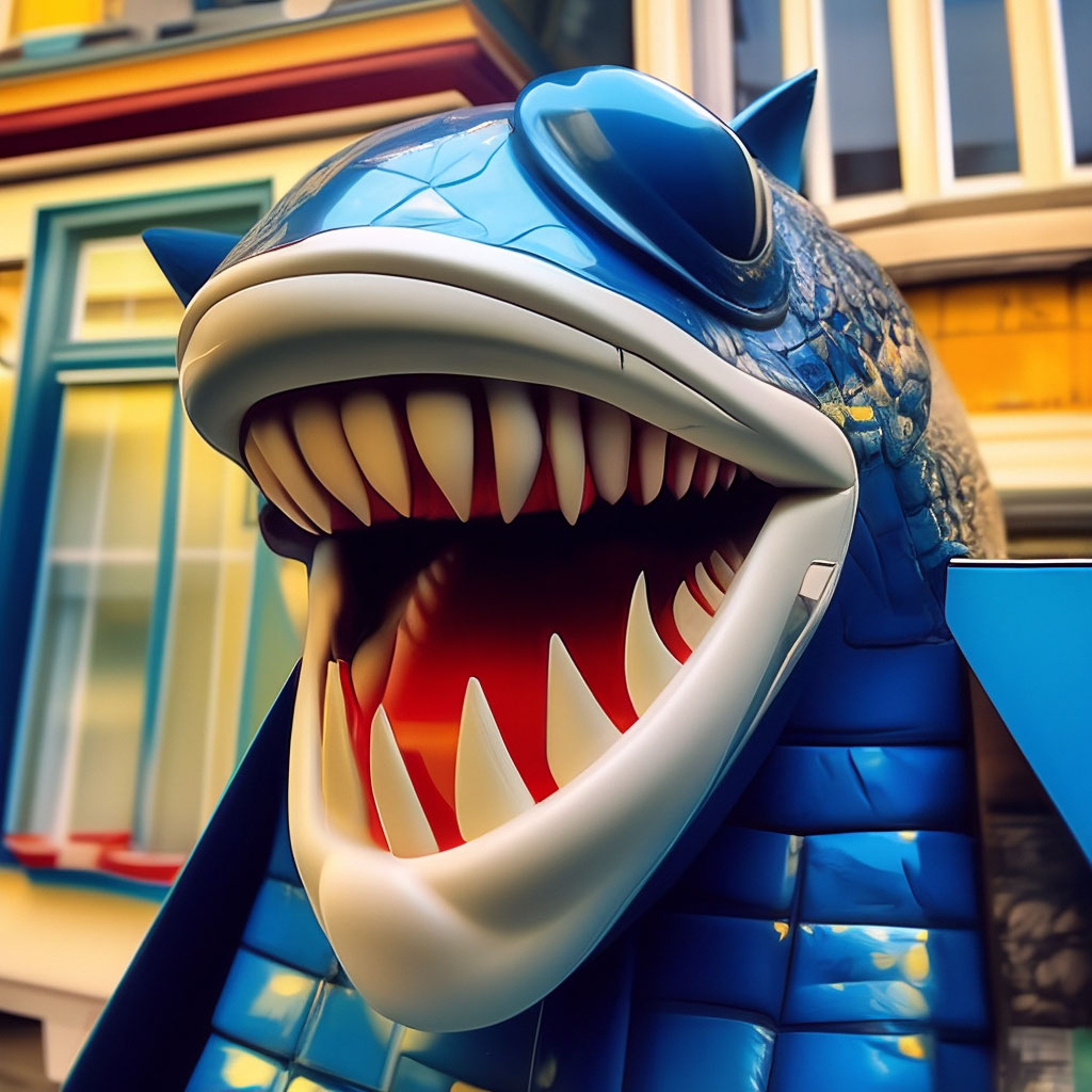 "The piranha man smiles sweetly, shows triangular shiny teeth, a ...