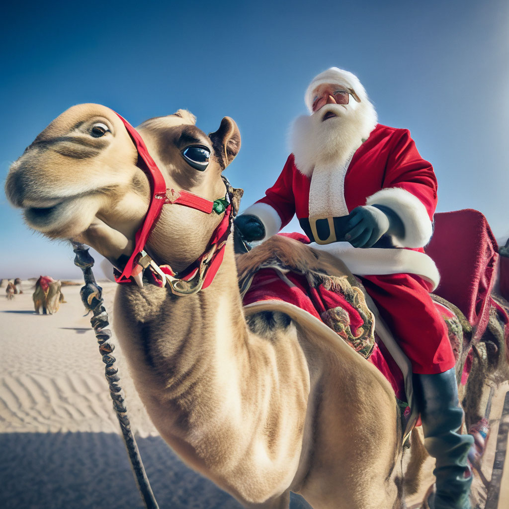 "Santa Claus on a camel photo" — image created in Shedevrum