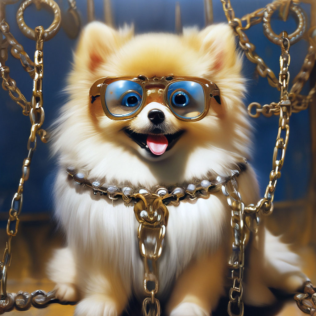 "The pomeranian is all in chains and glasses" — image created in Shedevrum