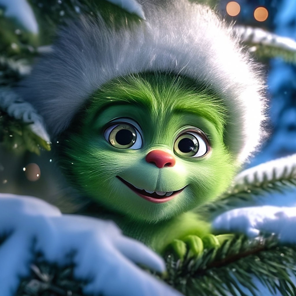 "Cute very fluffy gentle grinch baby peeks out from under the branches ...