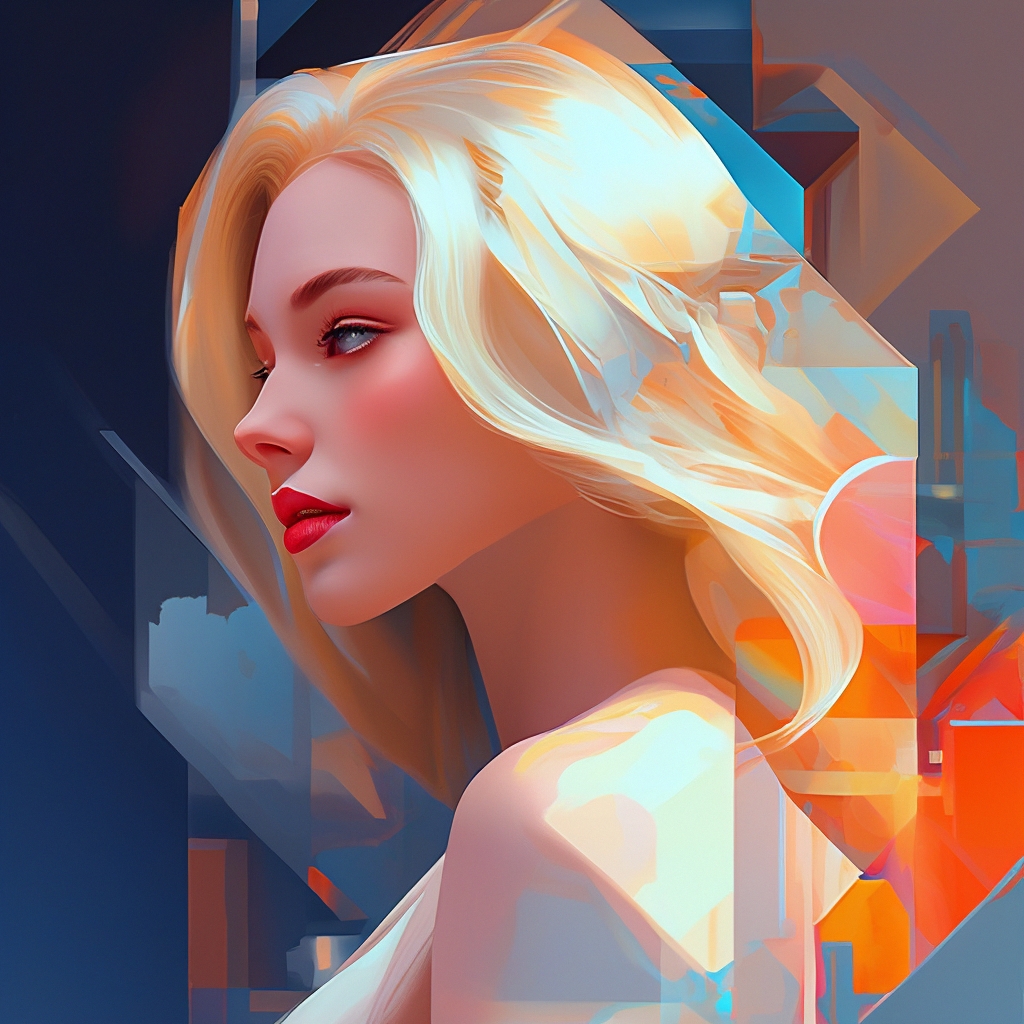 "Blonde girl,stylish abstraction, geometry+ smoothness, layering ...