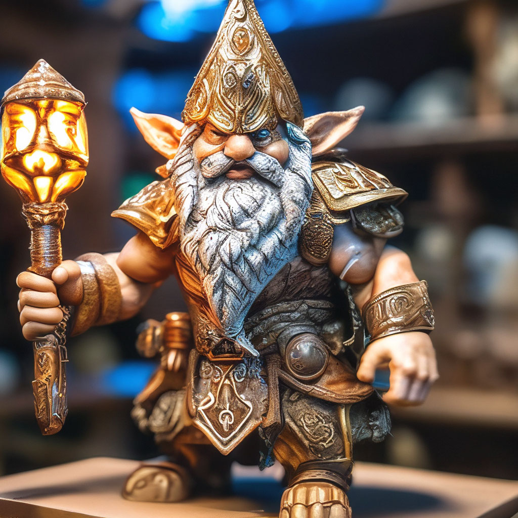 "Wooden sculpture with inlaid metal in epic equipment, realistic gnome ...