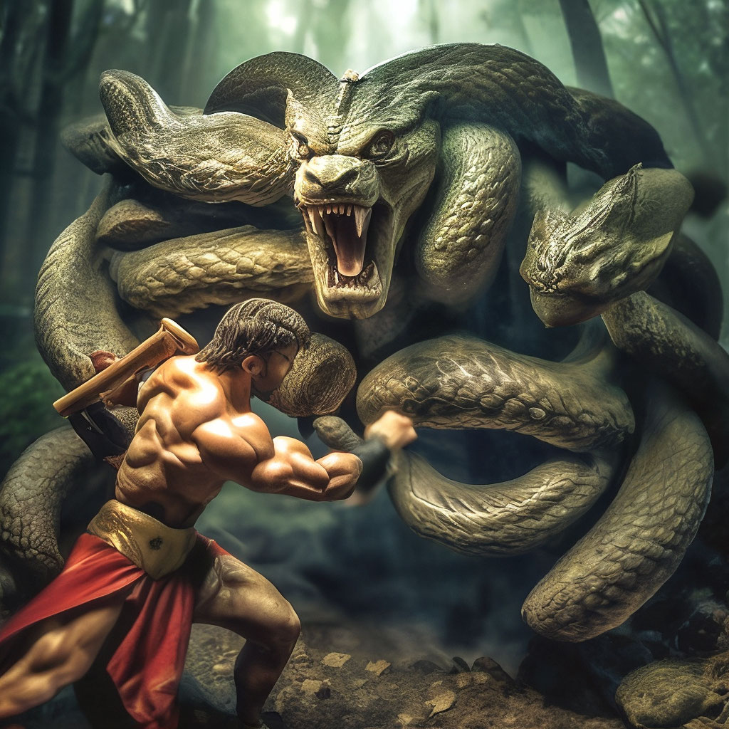 "Hercules fights the Nemean hydra (a multi-headed snake)" — image ...