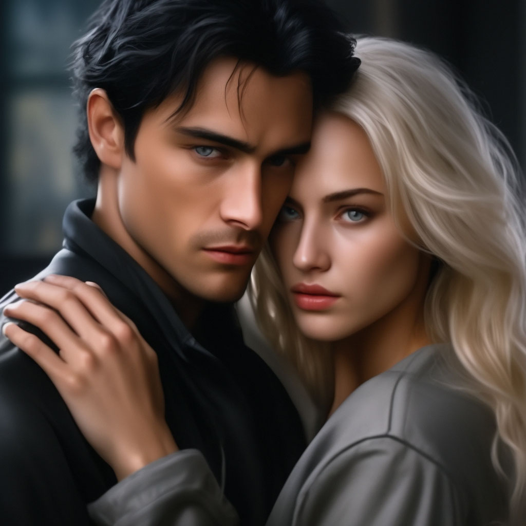 "The man is dark-haired, hugs his blonde tightly, Love,Haughty look ...