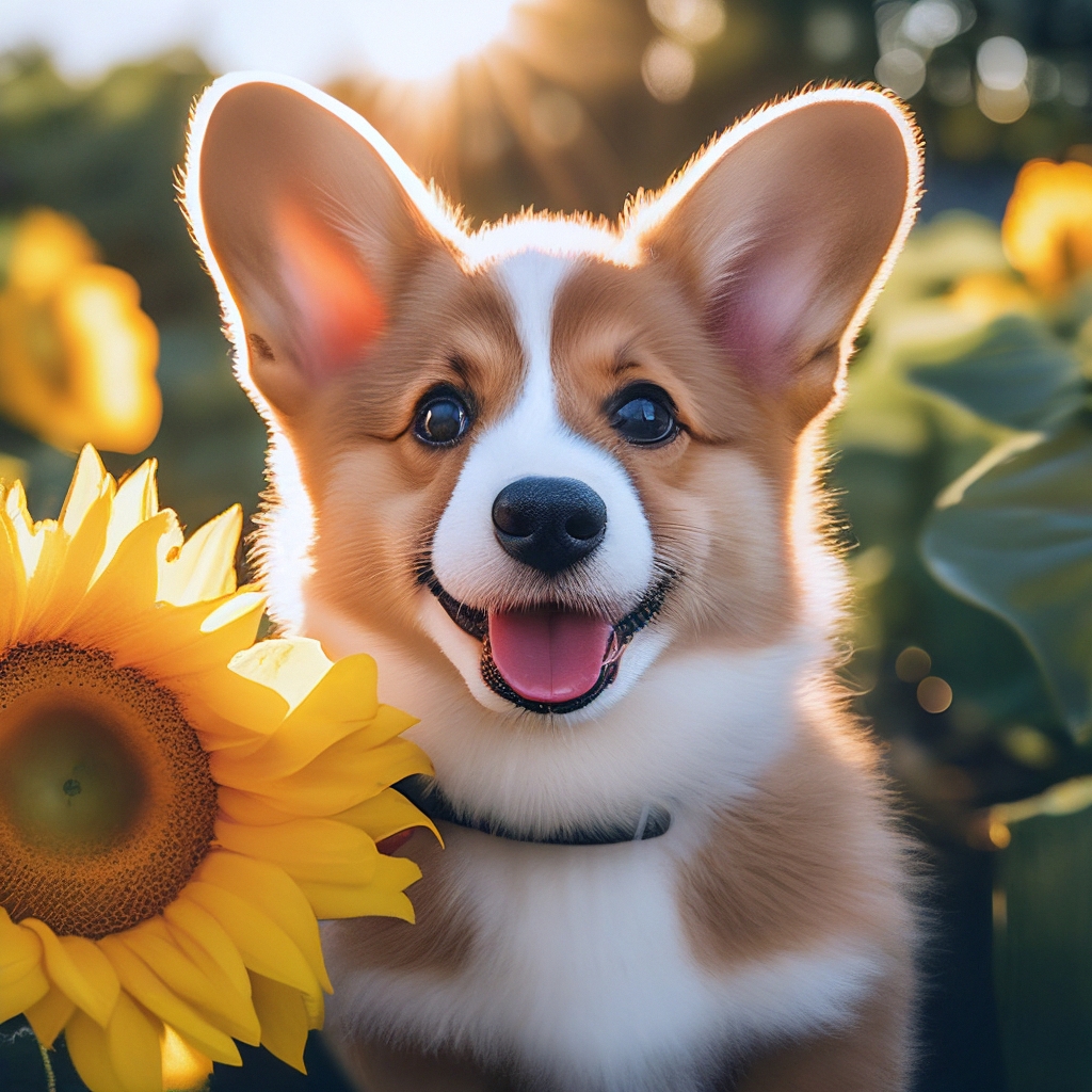 "Cute corgi puppy, big sunflower, sun, aesthetically pleasing ...