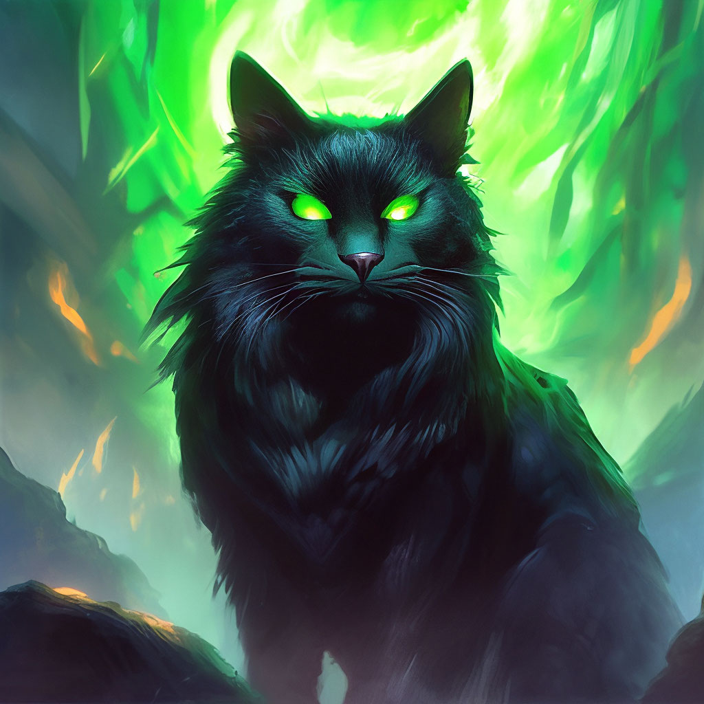 "Giant cat Bayun, bright green eyes, black fur, masaic background ...