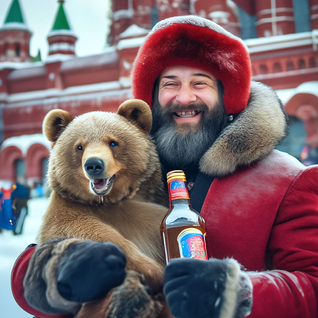 "Russian Russian bearded man in a hat with earflaps hugs a Russian bear ...