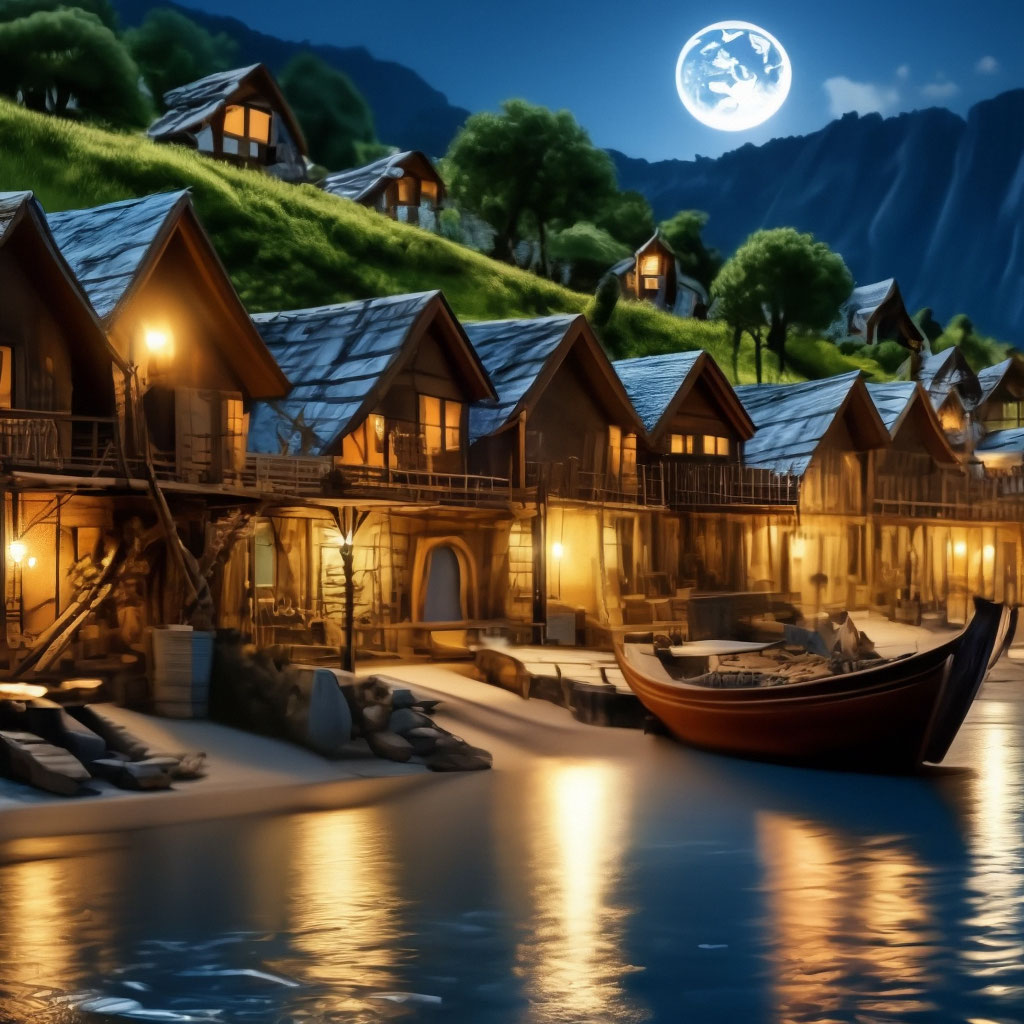 "Large-scale panoramic shot,night,moon,village, small cozy houses ...