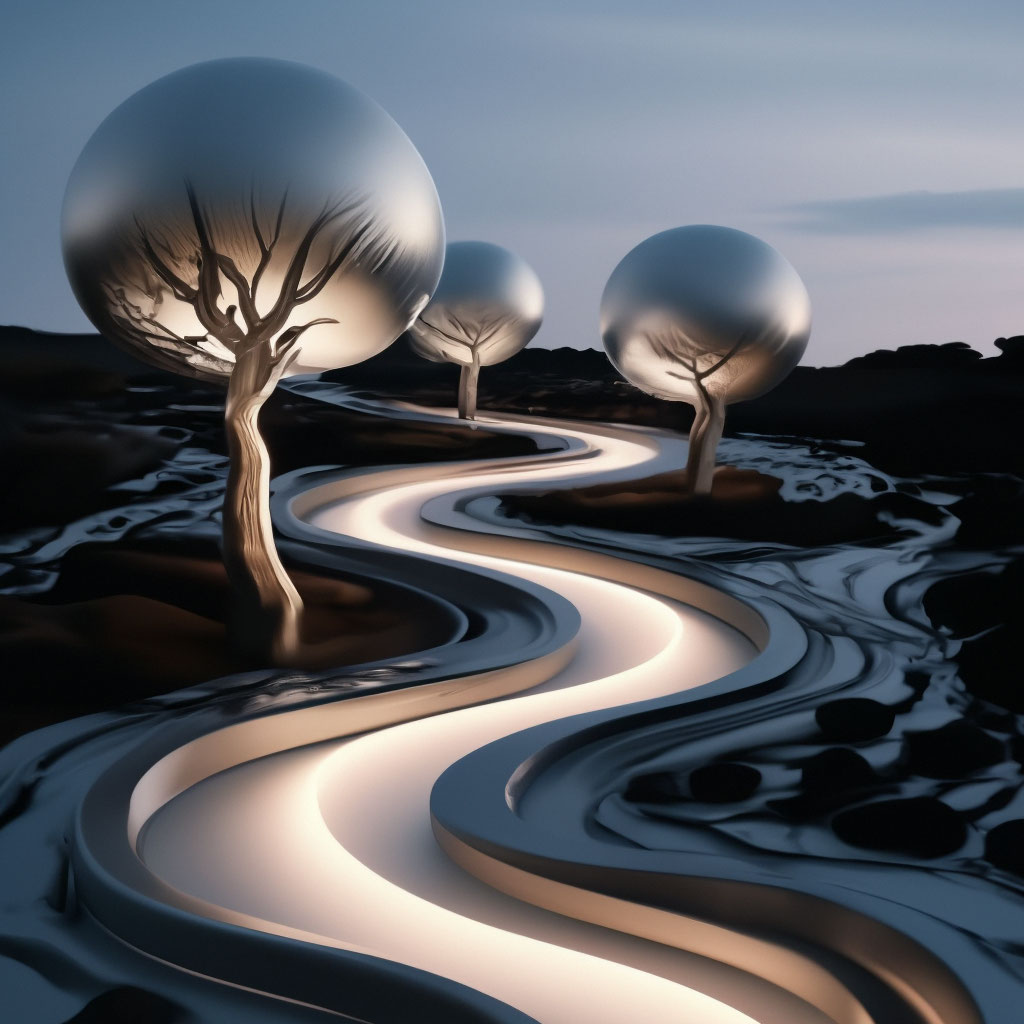". surreal landscape,LED lighting, winding path of silver lava ...