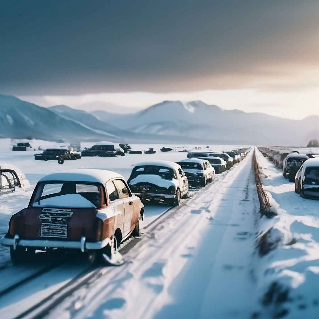 "Traffic jam frozen in time, cars, cold winter, blizzard, cars covered ...