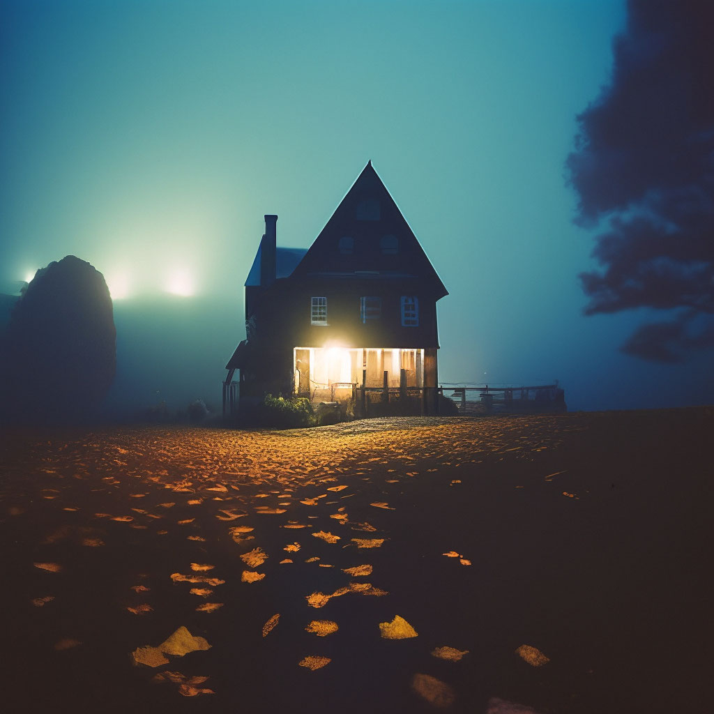 "Autumn landscape, night, lonely house, firefly, minimalism, lomo ...