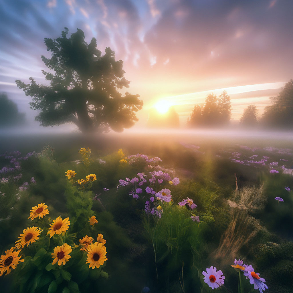 "Field,trees, flowers,dawn,fog,sun rays,atmospheric,professional photo ...