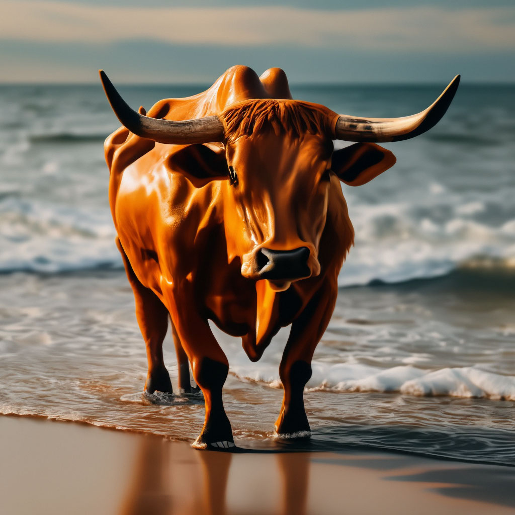 "Orange bull on the seashore, beautiful, aesthetically pleasing ...