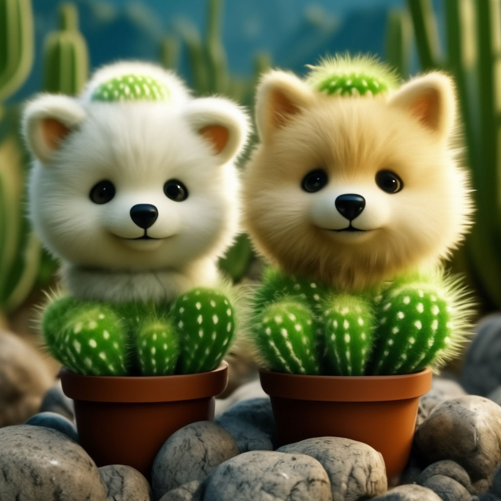 "Help! It seems we are cacti!! Two realistic fluffy round spherical ...