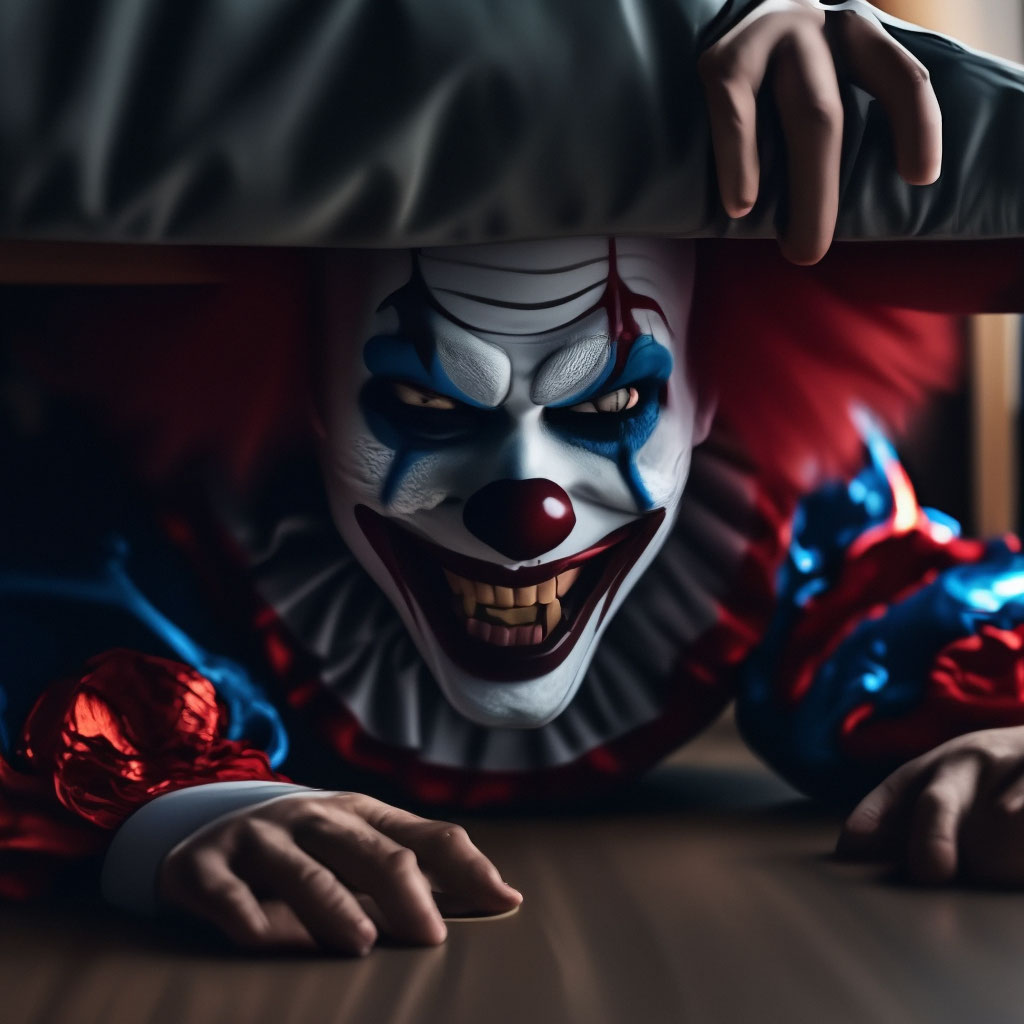 "The evil clown is hiding under the bed" — image created in Shedevrum