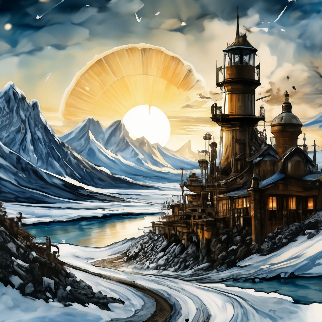 "Summer above the Arctic Circle, steampunk, watercolor, ink drawing ...