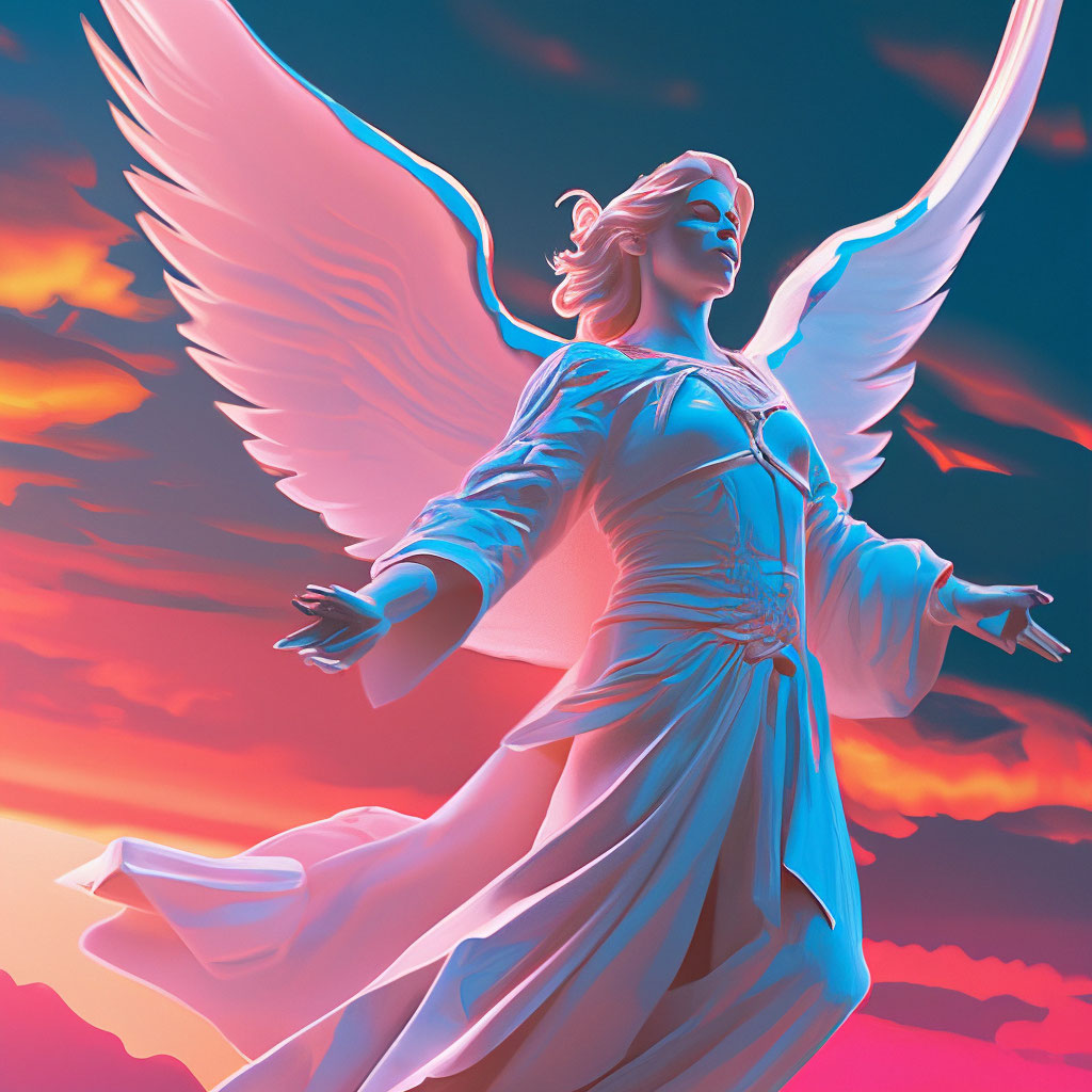 "A beautiful white angel is flying across the sky" — image created in ...