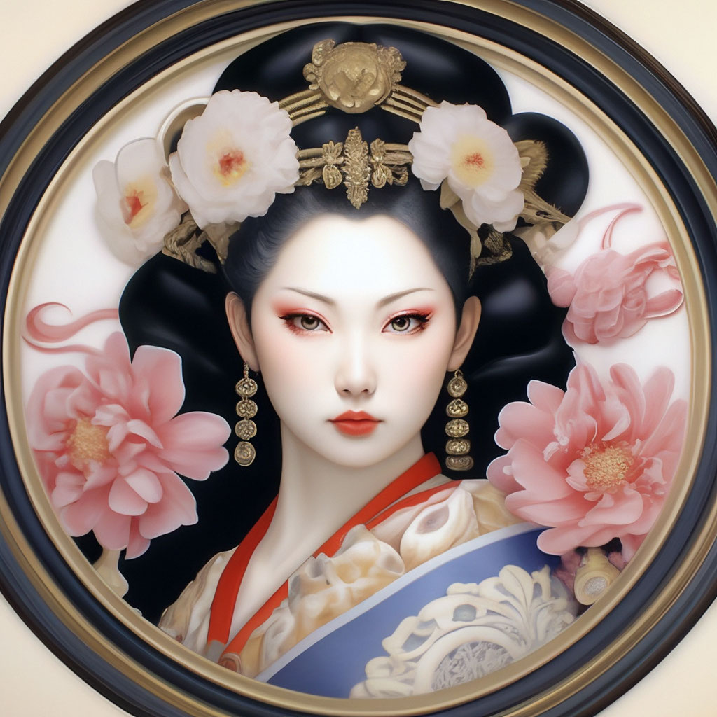 "White background. round panel.Japanese queen with expressive ...