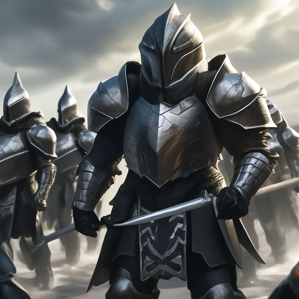 "A squad of knights in black armor and a black helmet, go for a huge ...