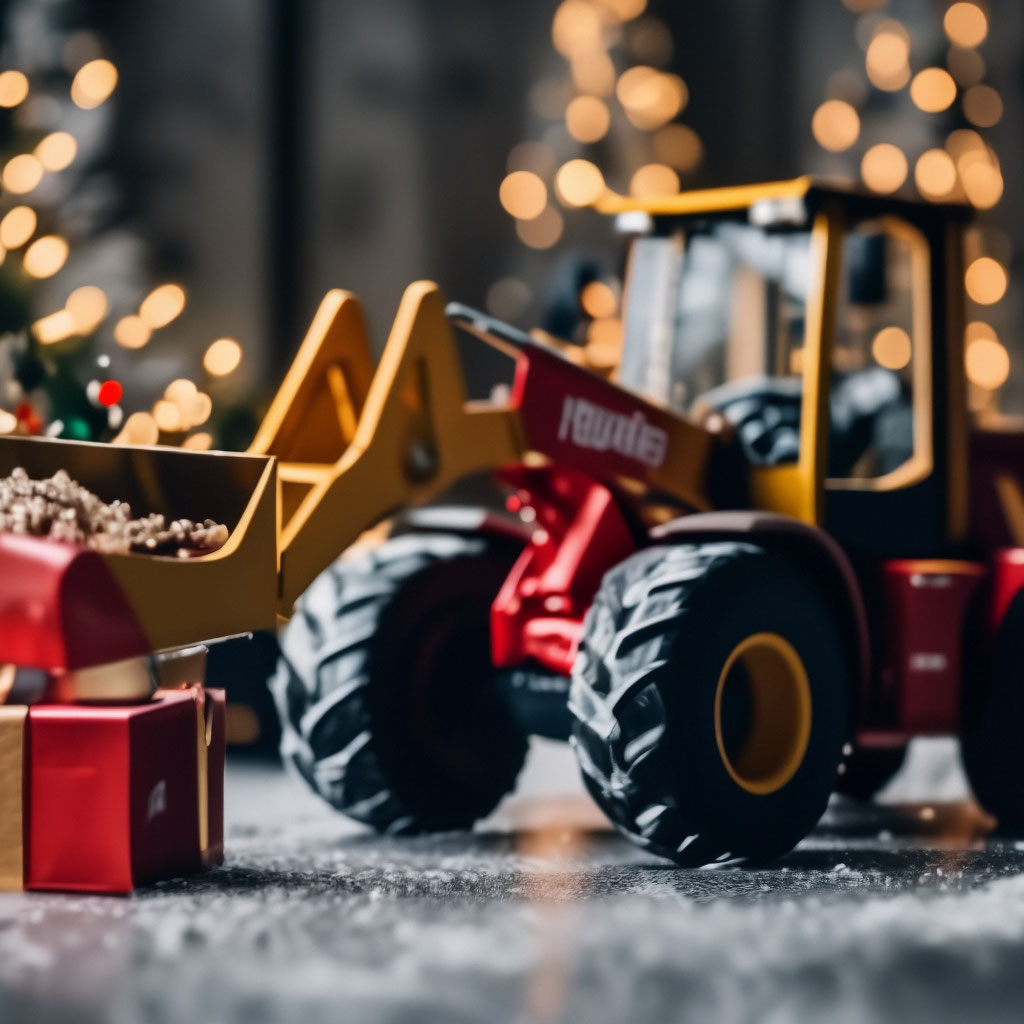 "A yellow front loader lifts a bucket with gifts, and around the ...
