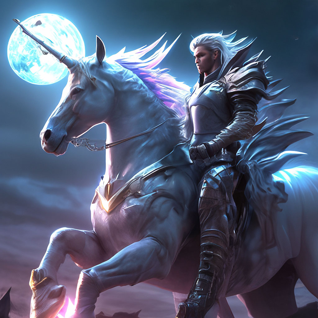 "Gothic, male warrior sitting on the back of a unicorn, dark ultra ...