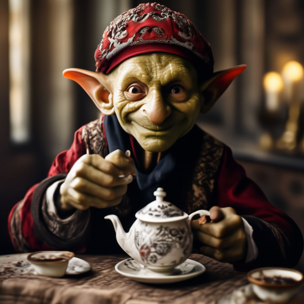 "A good Russian goblin is drinking tea" — image created in Shedevrum